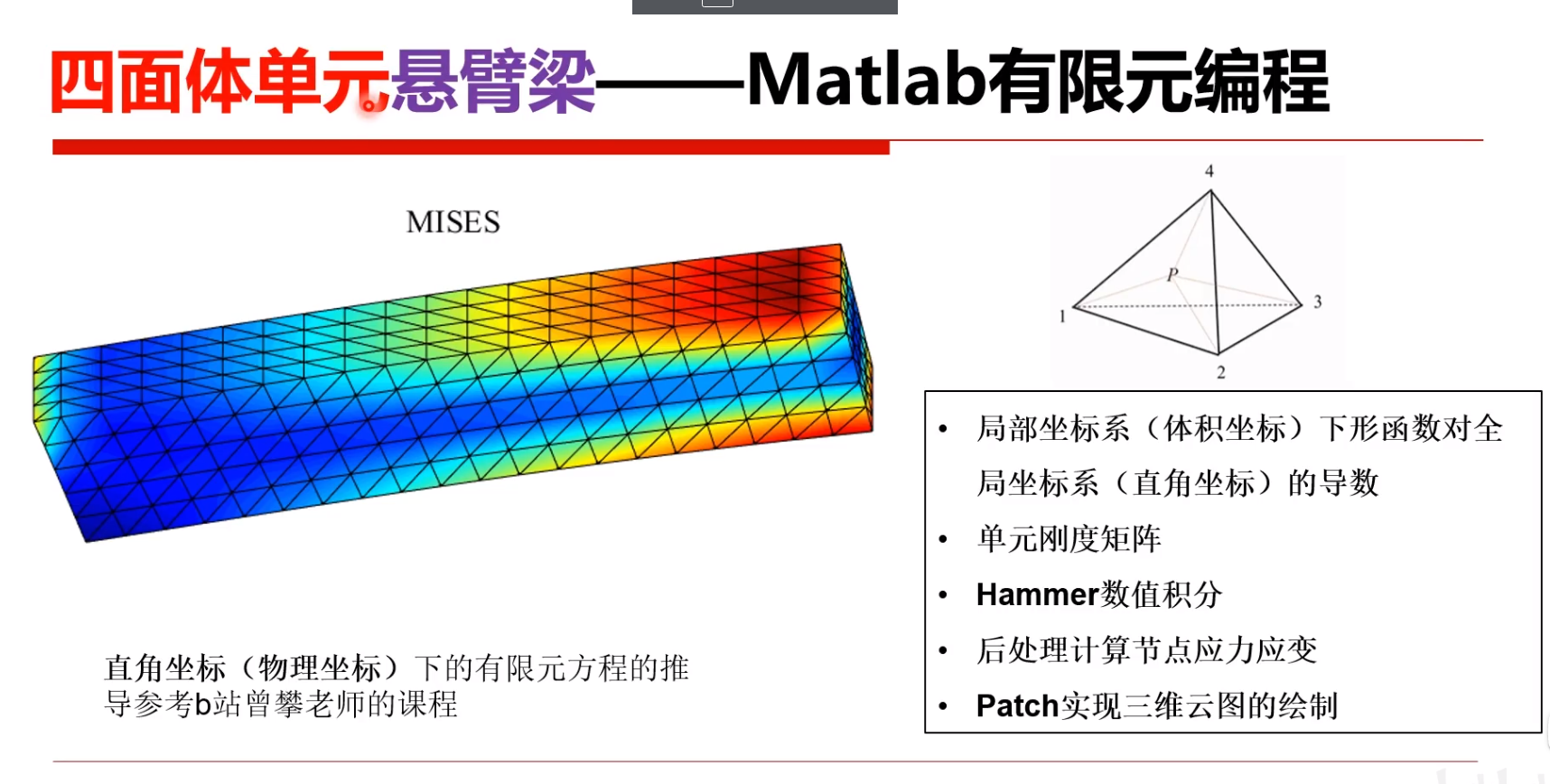 四面体单元悬臂梁matlab有限元编程/实体单元/Hammer数值积分/高斯积分/_ANSYS 其他_Abaqus-仿真秀视频课程